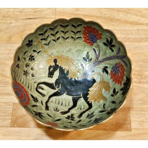 Enesco | Accents | Brass Cloisonn Embossed Enamel Unicorn Bowl 6 2 Inch ...